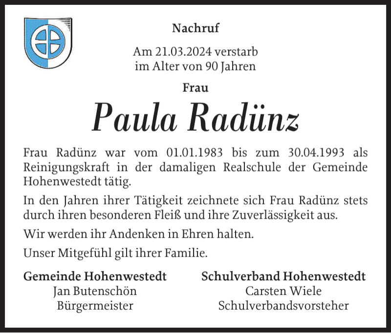 Traueranzeigen von Paula Radünz | sh:z Trauer