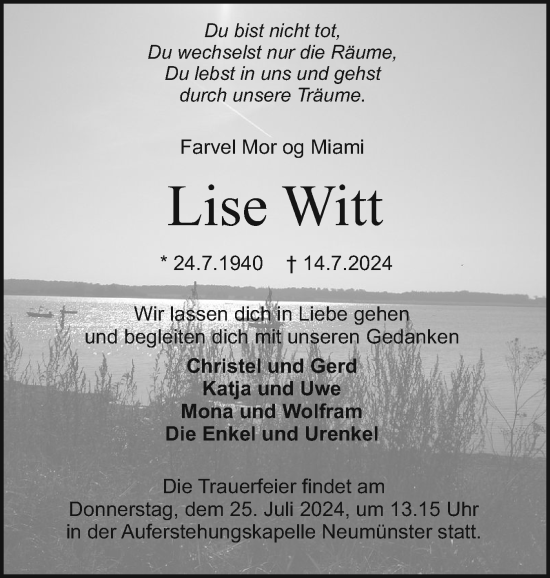 Traueranzeigen von Lise Witt | sh:z Trauer