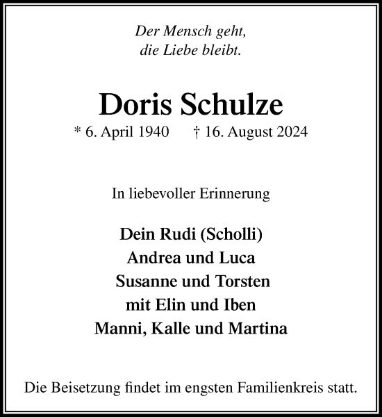 Traueranzeigen von Doris Schulze | sh:z Trauer