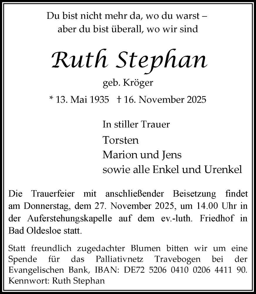 Traueranzeigen von Ruth Stephan | sh:z Trauer