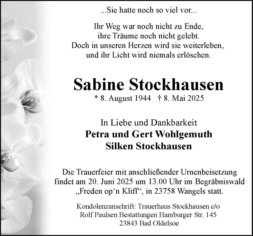 Traueranzeigen von Sabine Stockhausen | sh:z Trauer