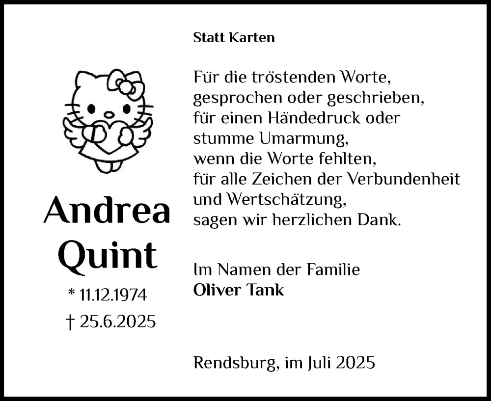 Traueranzeigen von Andrea Quint | sh:z Trauer