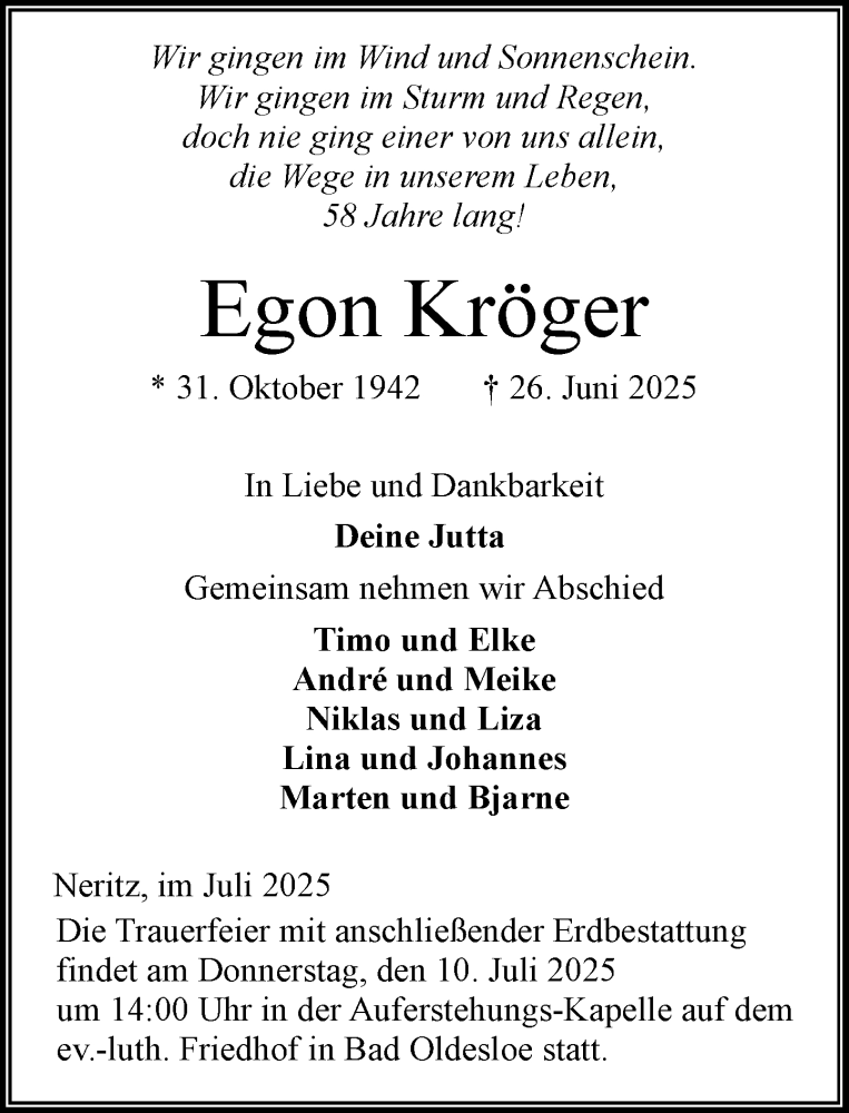Traueranzeigen von Egon Kröger | sh:z Trauer