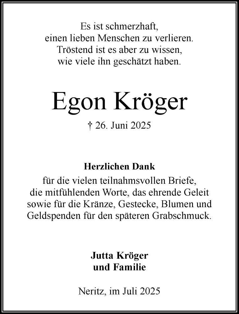 Traueranzeigen von Egon Kröger | sh:z Trauer