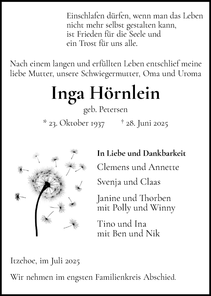 Traueranzeigen von Inga Hörnlein | sh:z Trauer