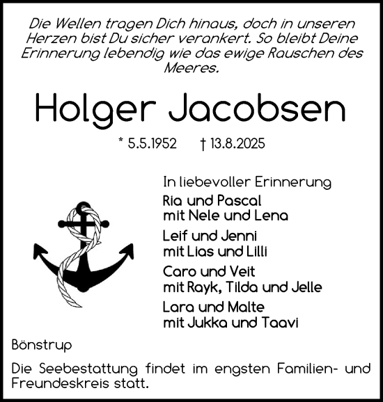 Traueranzeigen von Holger Jacobsen | sh:z Trauer
