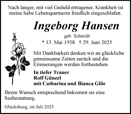 Traueranzeigen von Ingeborg Hansen | sh:z Trauer