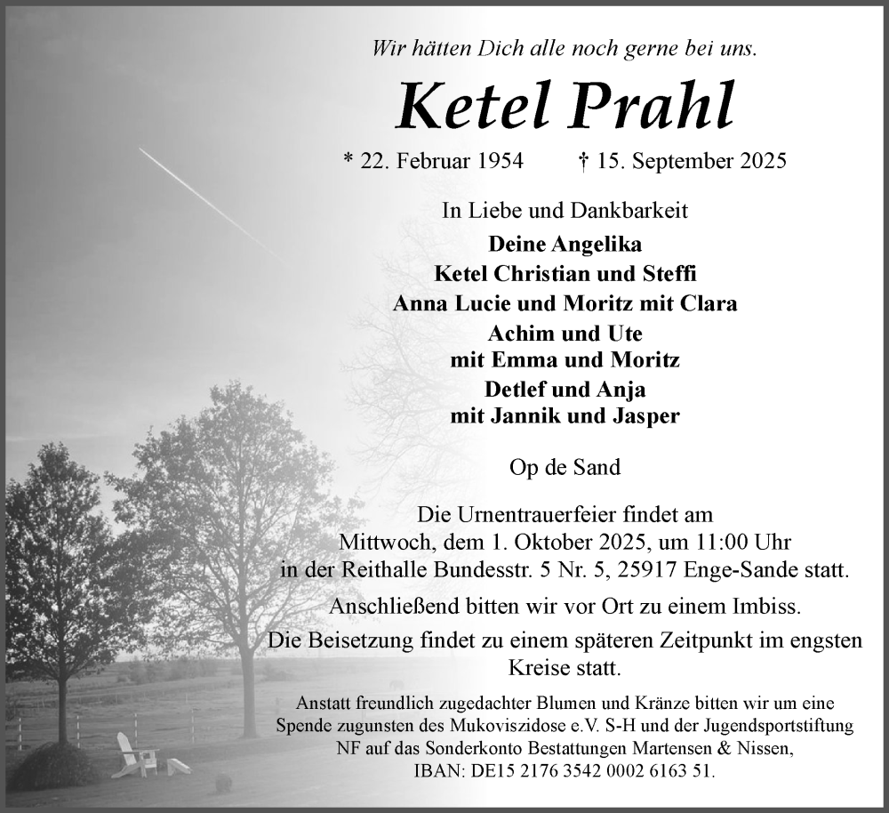 Traueranzeigen von Ketel Prahl | sh:z Trauer