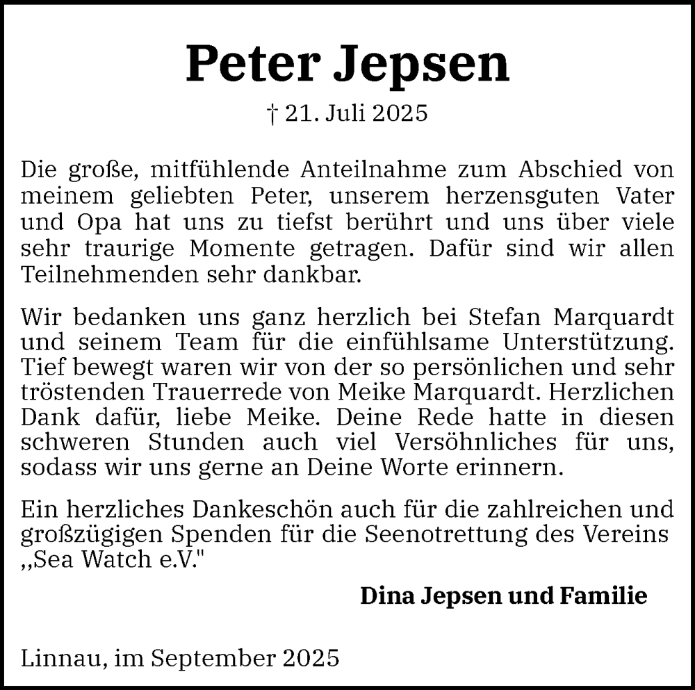 Traueranzeigen von Peter Jepsen | sh:z Trauer
